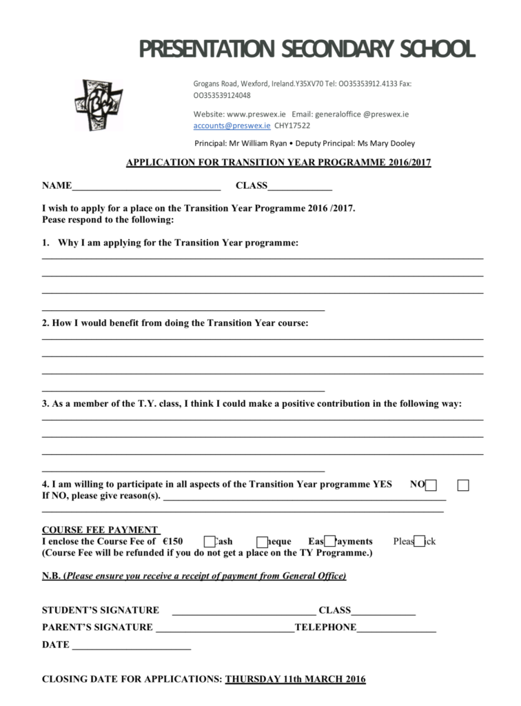 TY Application Form – Presentation Secondary School